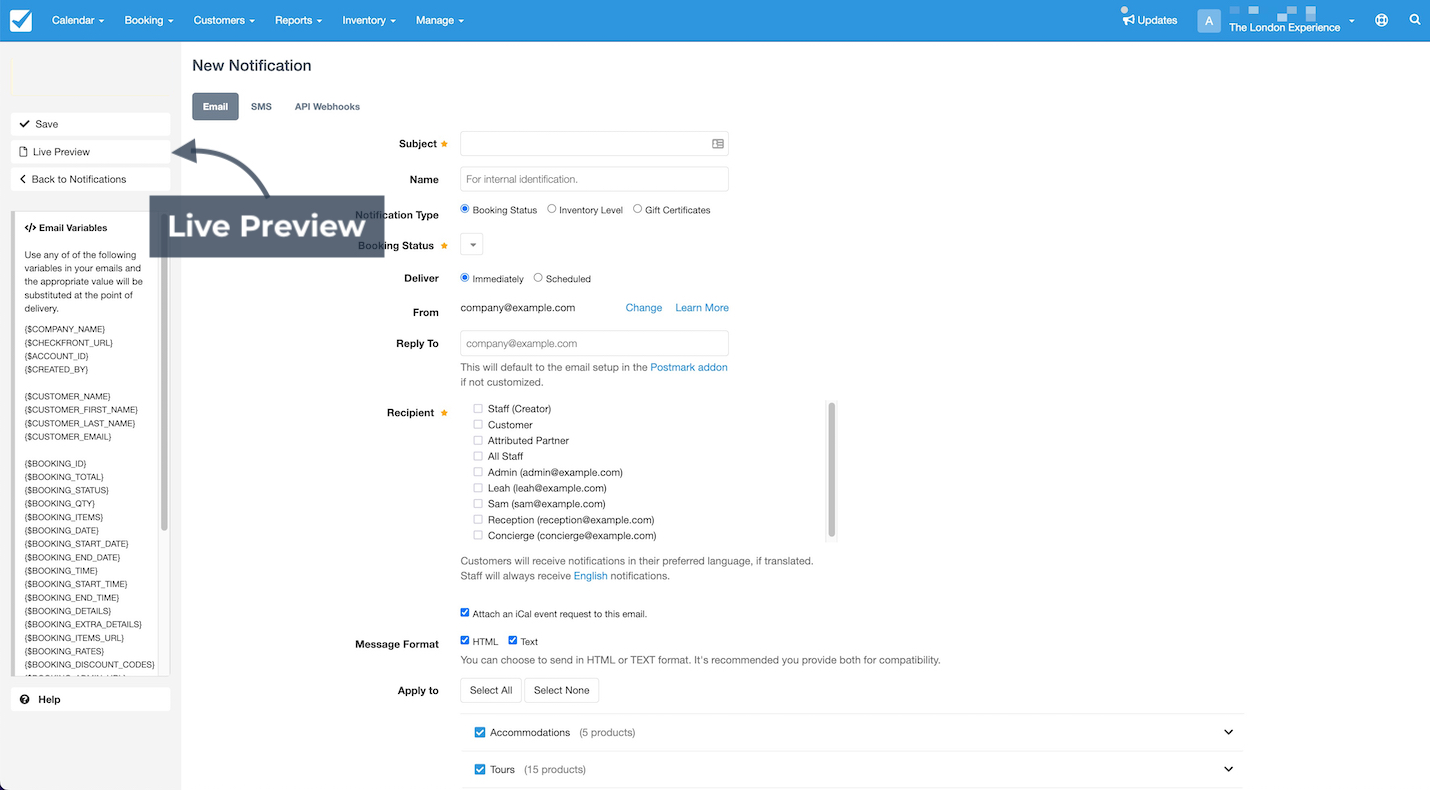 Previewing email notifications – Checkfront