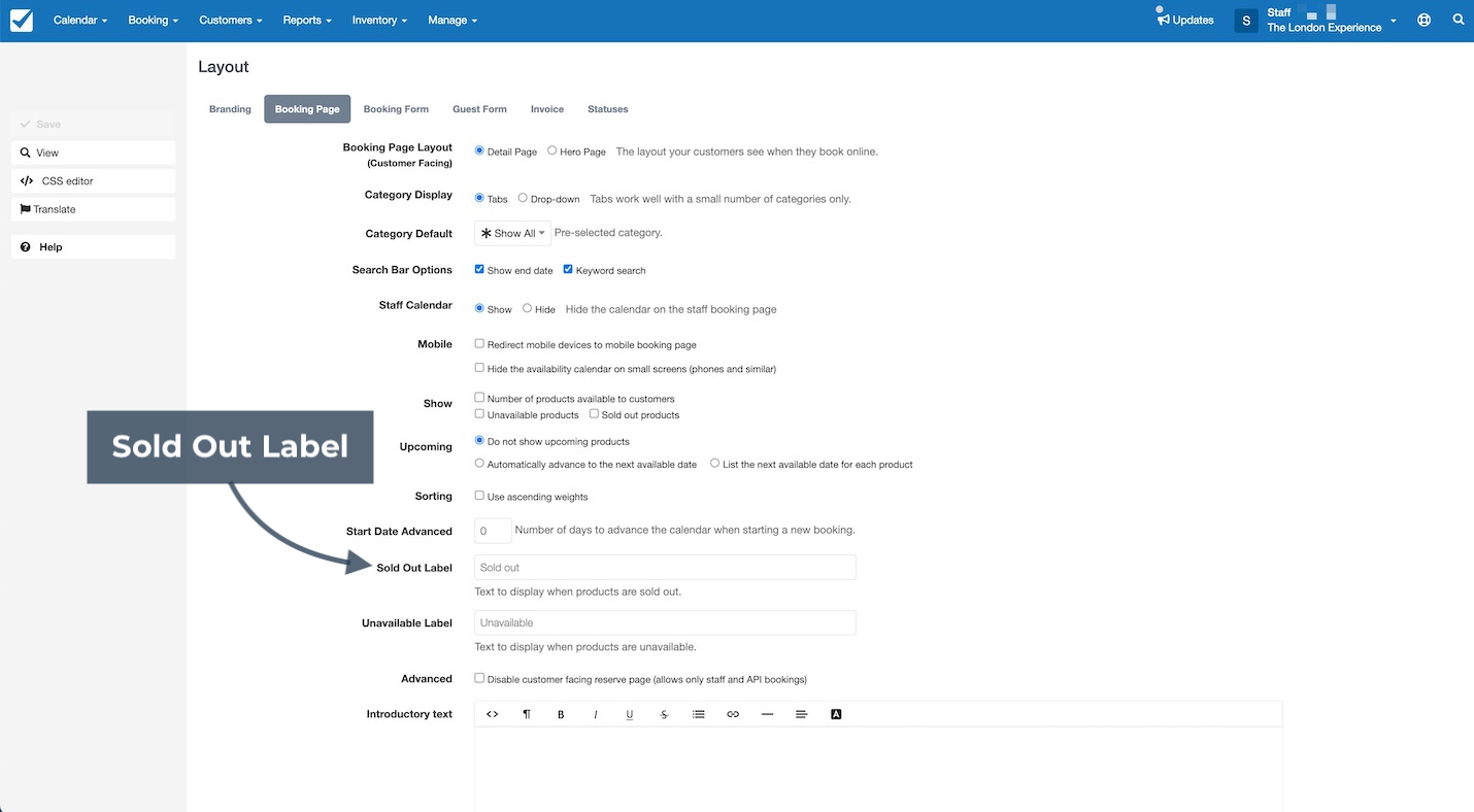 Managing sold out and unavailable labels for booking page layouts ...
